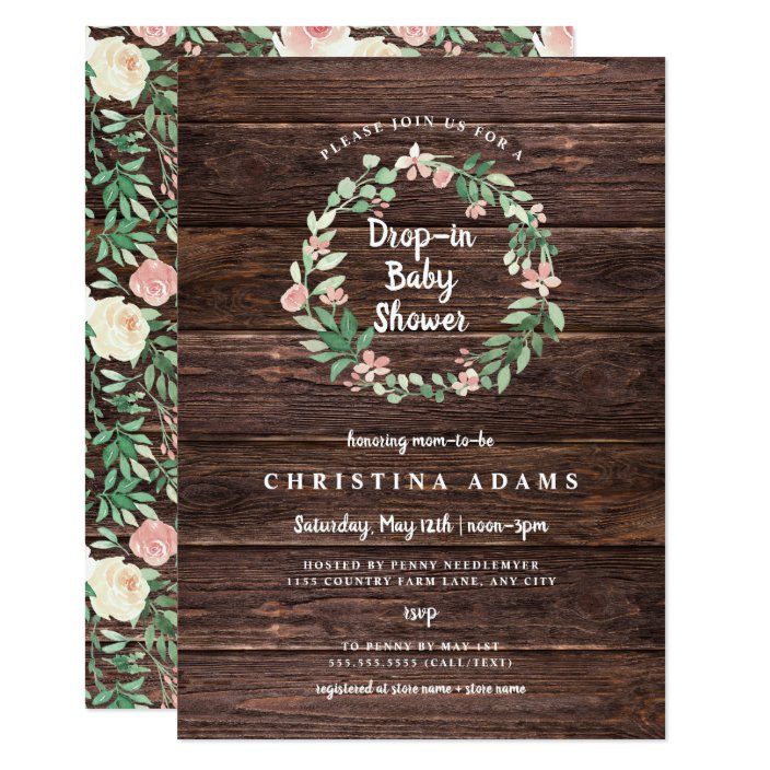 Rustic Wood Floral drop in girl baby shower invite | Zazzle.com