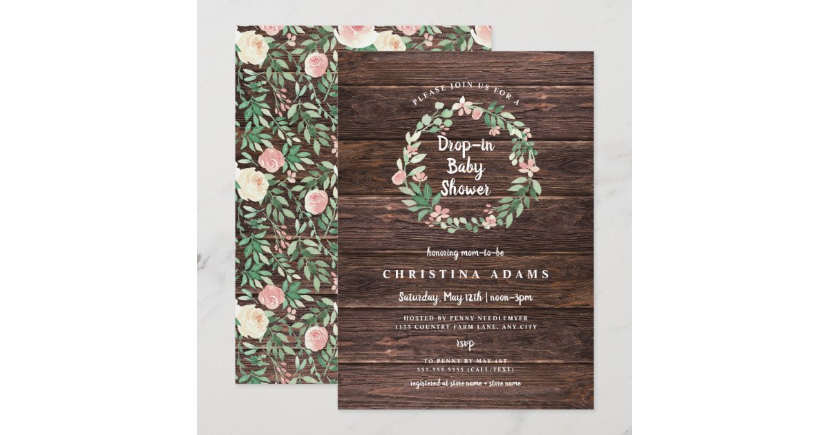 Rustic Wood Floral drop in girl baby shower invite | Zazzle