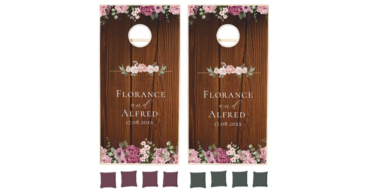Rustic wood floral elegant white maroon wedding cornhole set | Zazzle