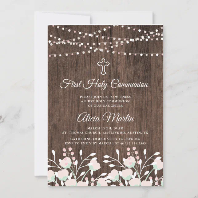 Rustic wood floral first communion invitation | Zazzle