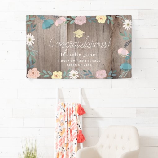 Rustic Wood Floral Garden Graduation Banner | Zazzle