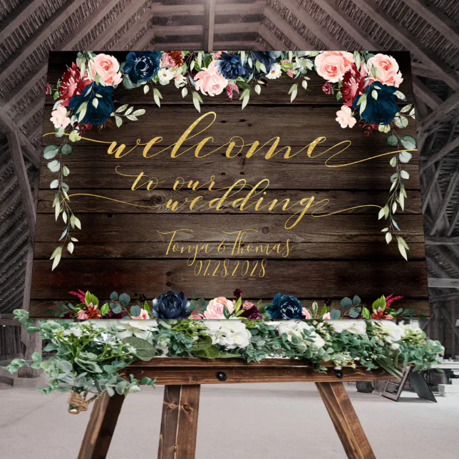 Rustic Wood Floral Gold Fancy Calligraphy Welcome Poster | Zazzle