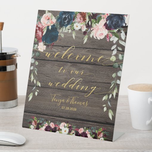 Rustic Wood Floral Gold Fancy Font Calligraphy Pedestal Sign | Zazzle