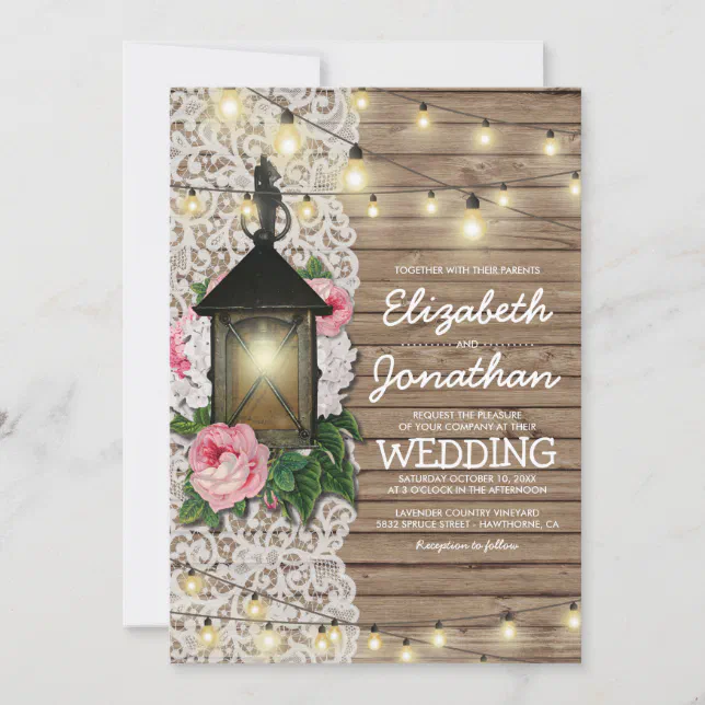 Rustic Wood Floral Lace Lantern Lights Wedding Invitation | Zazzle