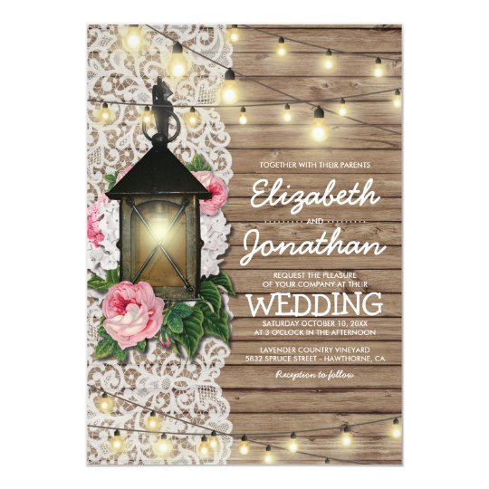 Rustic Wood Floral Lace Lantern Lights Wedding Invitation | Zazzle.com