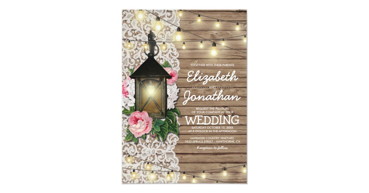 Rustic Wood Floral Lace Lantern Lights Wedding Invitation | Zazzle.com
