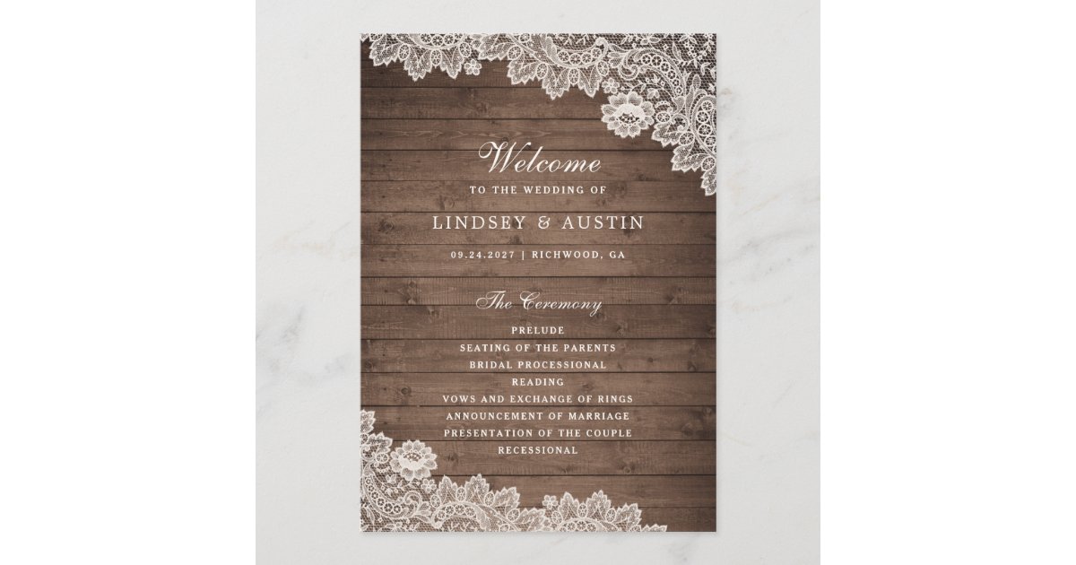 Rustic Wood Floral Lace Wedding Program | Zazzle