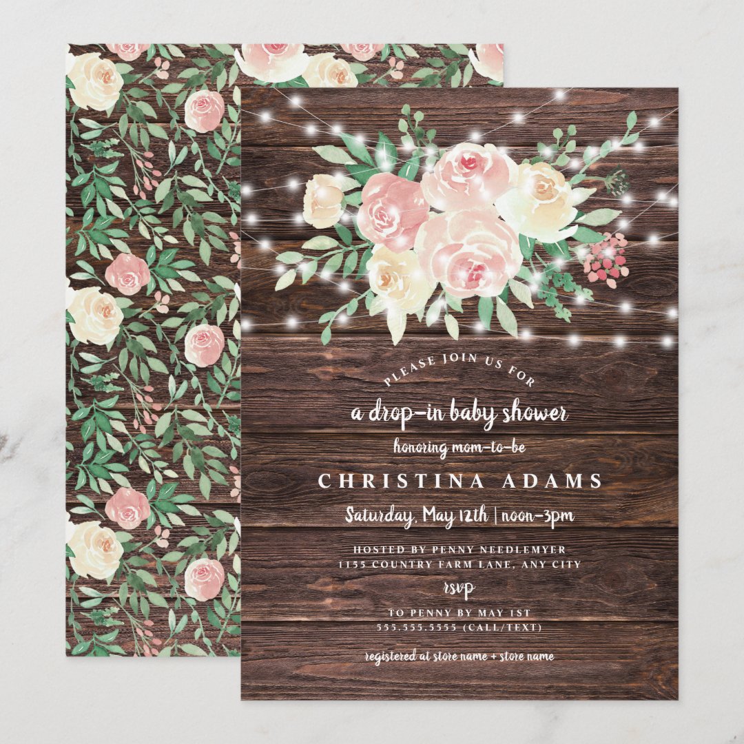 Rustic Wood Floral lights drop in girl baby shower Invitation | Zazzle