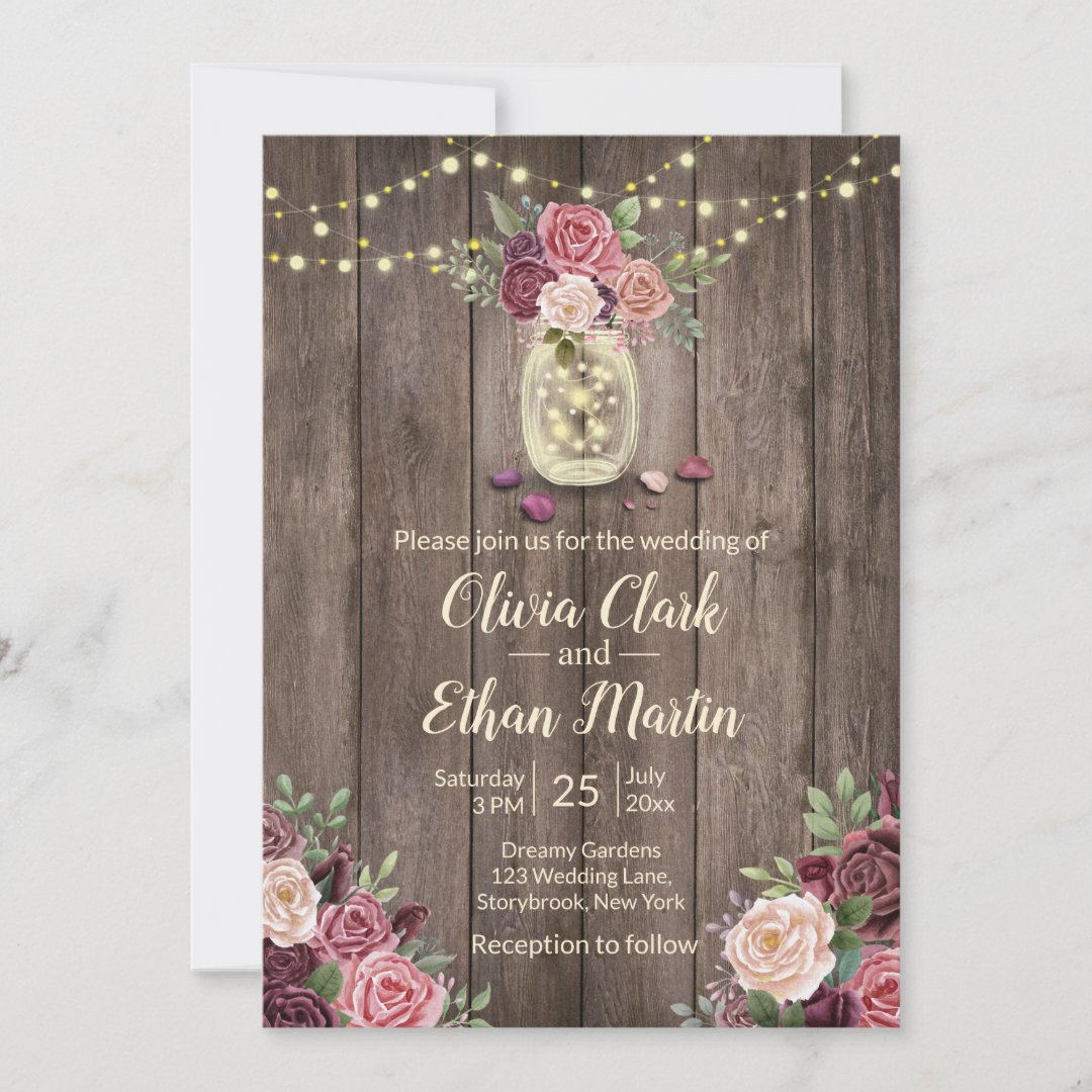 Rustic Wood Floral Mason Jar Invitation | Zazzle