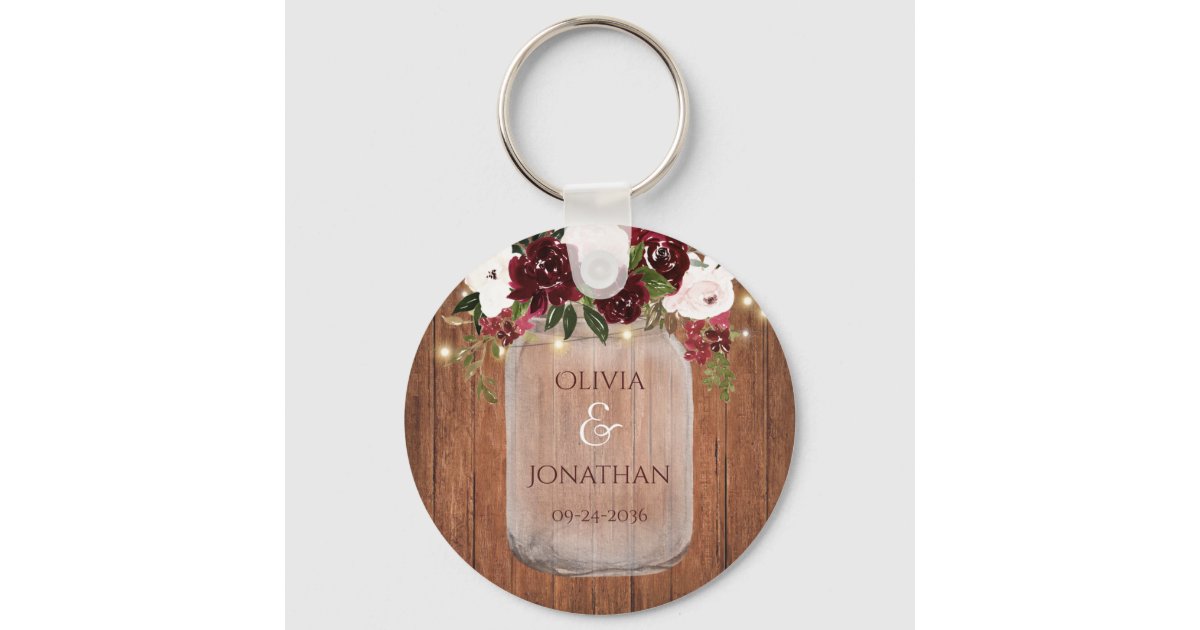 Rustic Wood Floral Mason Jar Lights Wedding Favor Keychain | Zazzle