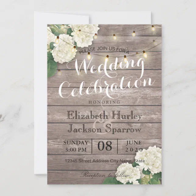 Rustic Wood Floral String Light Wedding Invitation | Zazzle