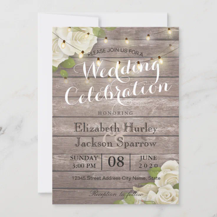 Rustic Wood Floral String Light Wedding Invitation | Zazzle