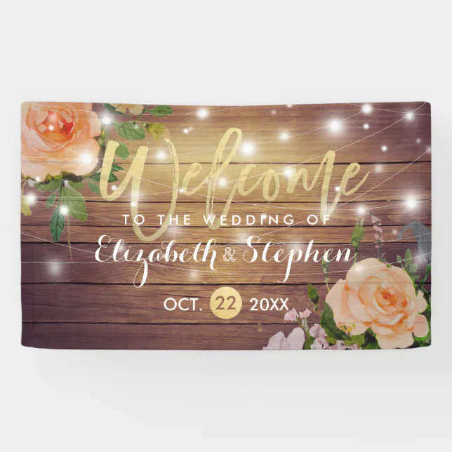 Rustic Wood Floral String Lights Wedding Banner | Zazzle