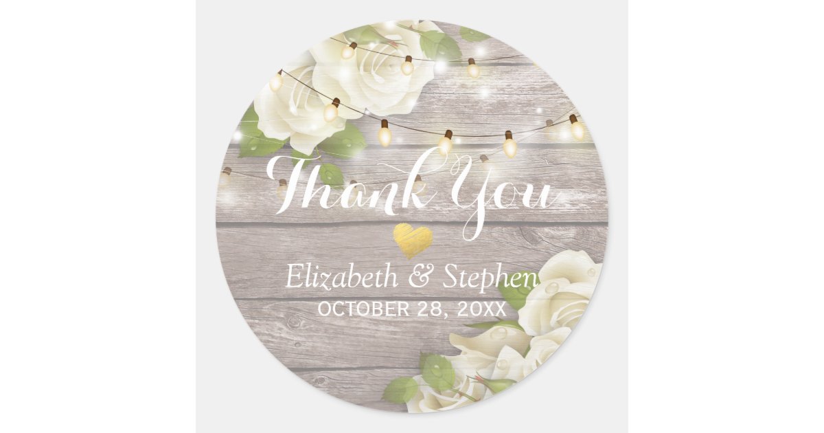 Rustic Wood Floral String Lights Wedding Thank You Classic Round