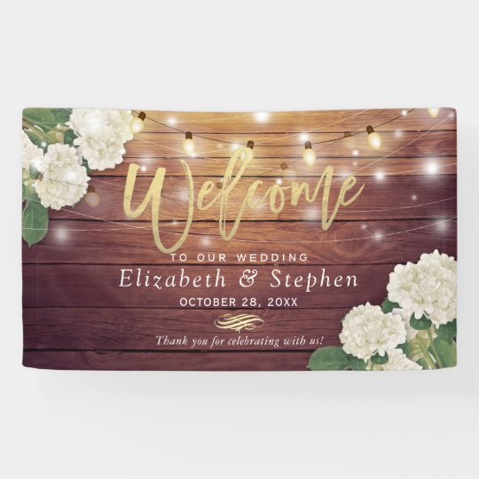 Rustic Wood Floral String Lights Wedding Welcome Banner | Zazzle.com
