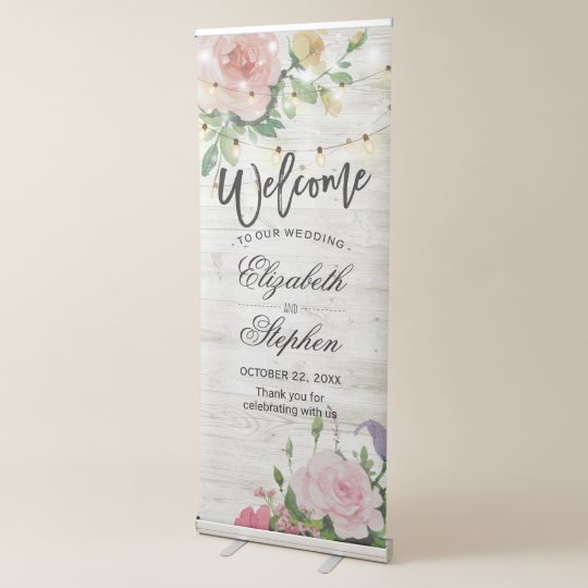 Rustic Wood Floral String Lights Wedding Welcome Retractable Banner ...