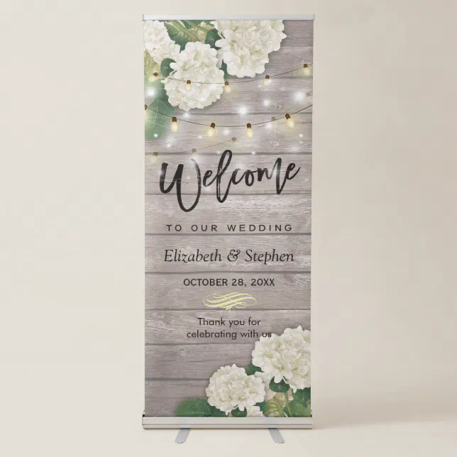 Rustic Wood Floral String Lights Wedding Welcome Retractable Banner ...