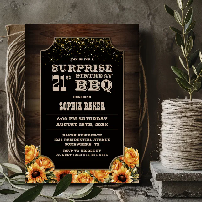 Rustic Wood Floral Surprise 21st Birthday BBQ Invitation | Zazzle