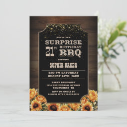 Rustic Wood Floral Surprise 21st Birthday BBQ Invitation | Zazzle