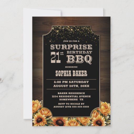 Rustic Wood Floral Surprise 21st Birthday BBQ Invitation | Zazzle