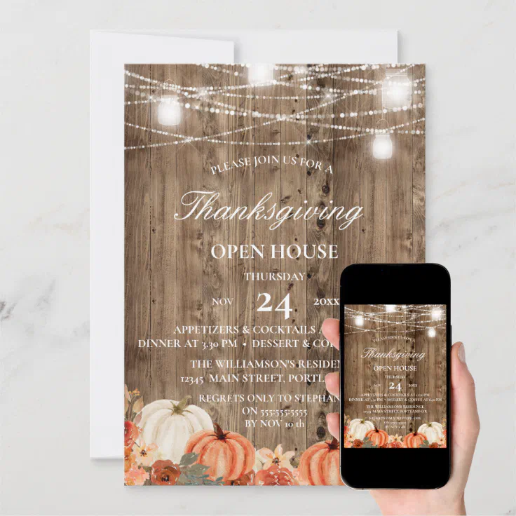 Rustic Wood & Floral Thanksgiving Open House Invitation | Zazzle