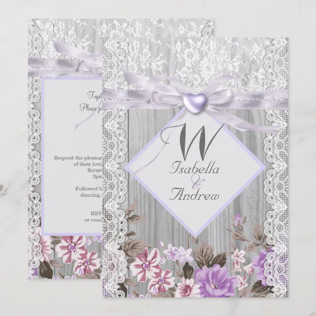 Rustic Wood Floral Wedding Lavender Lace Invitation | Zazzle
