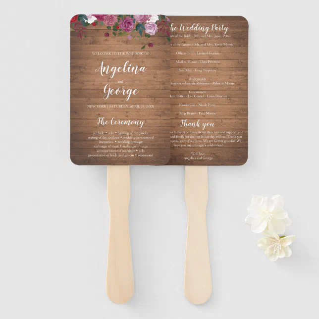 Rustic wood floral wedding program fan | Zazzle