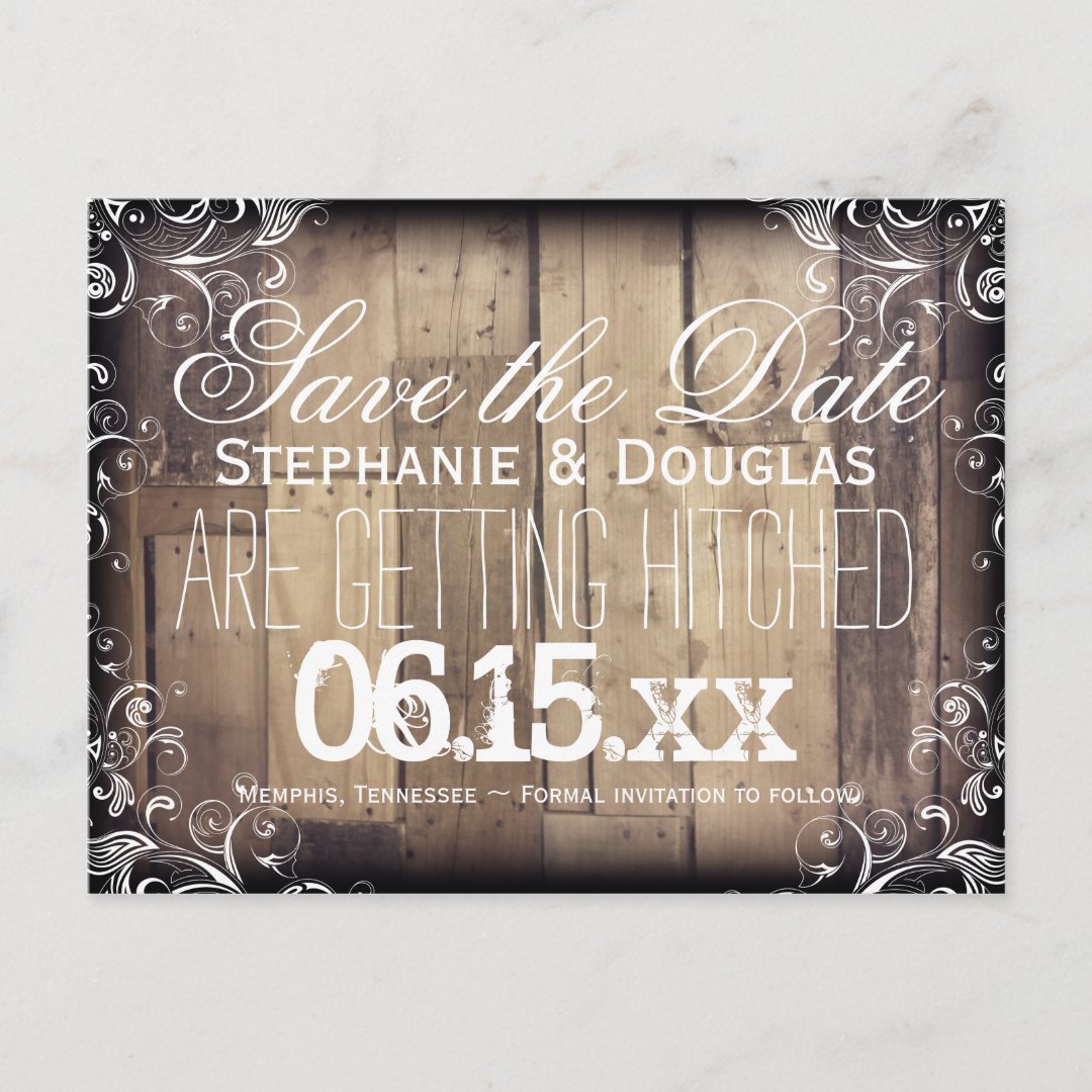 Rustic Wood Flourish Save the Date Postcards | Zazzle