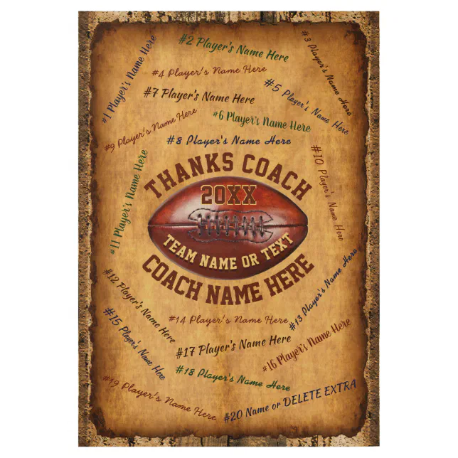 Rustic Wood Football Coach Gift All Player's Names Wood Poster | Zazzle