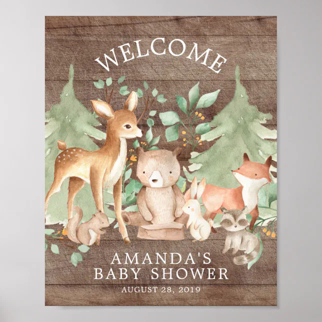 Rustic Wood Forest Animals Welcome Baby Shower Poster | Zazzle
