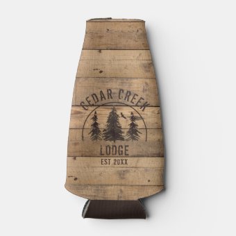 Rustic Wood Forest Trees Property Name Bottle Cooler | Zazzle