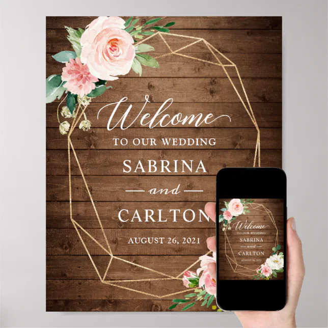 Rustic Wood Geometric Blush Floral Wedding Sign | Zazzle
