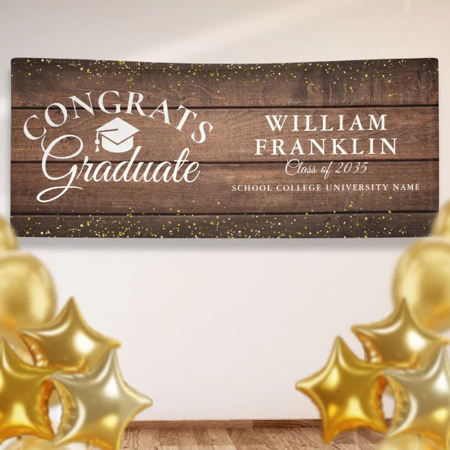 Rustic Wood Gold Glitter Modern Graduation Banner | Zazzle
