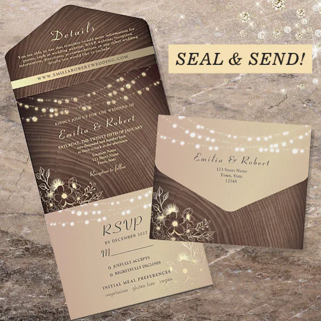 Rustic Wood Gold String Lights Wedding All In One Invitation | Zazzle