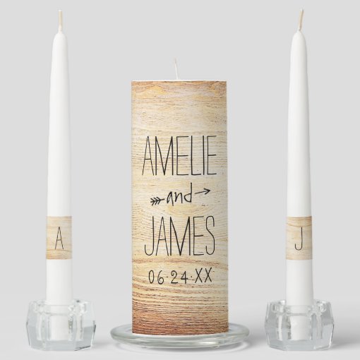 Rustic Wood Grain Personalized Wedding Monogram Unity Candle Set | Zazzle