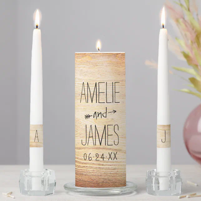 Rustic Wood Grain Personalized Wedding Monogram Unity Candle Set | Zazzle