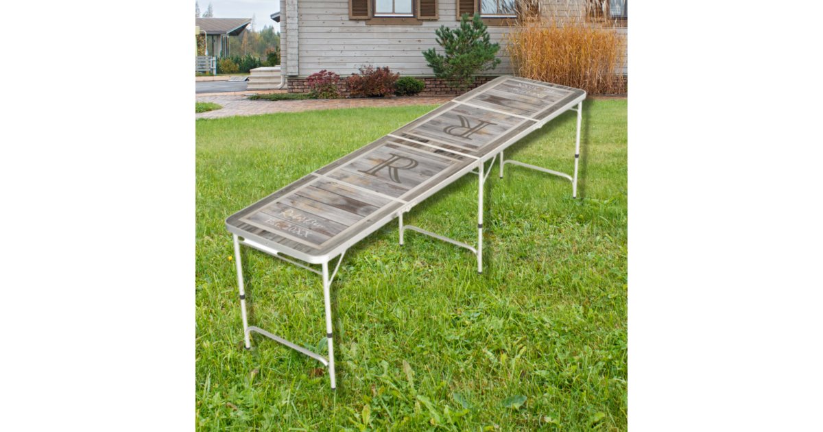 Rustic Wood Gray Monogram Square Design Beer Pong Table | Zazzle