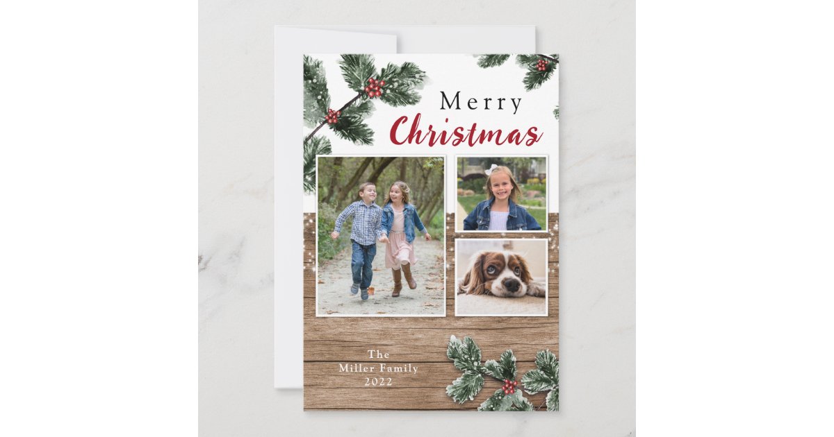Rustic wood greenery Christmas holiday photo card | Zazzle
