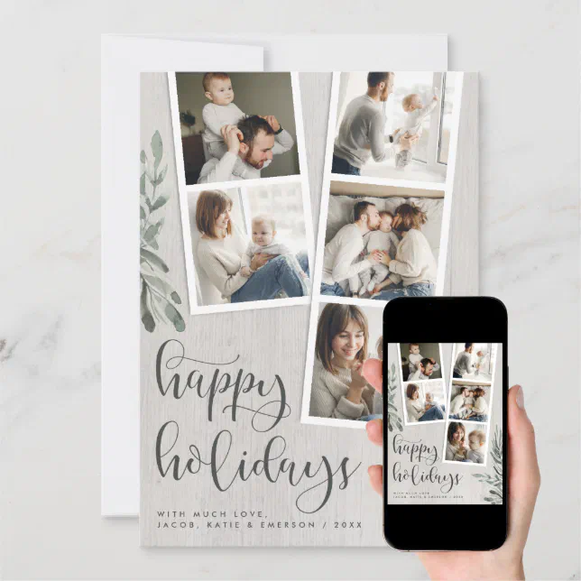 Rustic Wood Greenery Christmas Photo Booth Collage Holiday Card | Zazzle