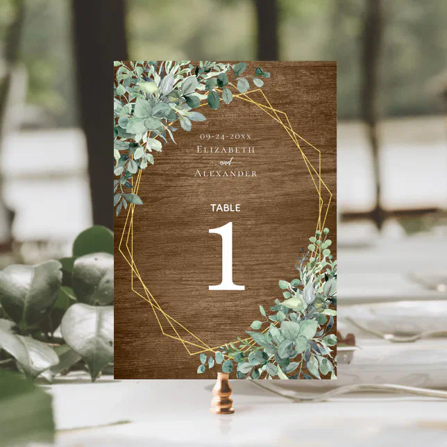 Rustic Wood Greenery Eucalyptus Geometric Wedding Table Number | Zazzle
