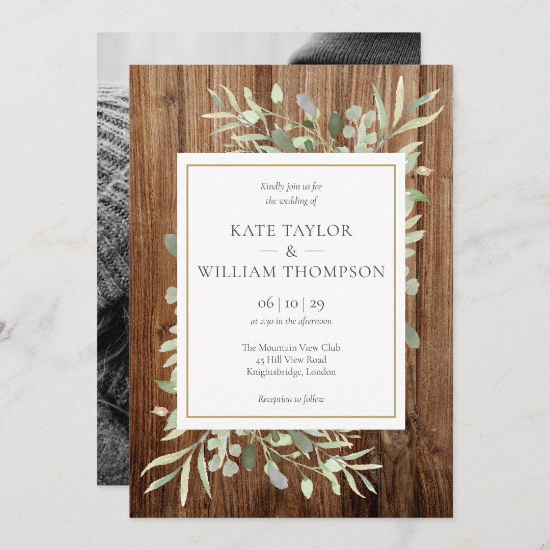 Rustic Wood Greenery Photo Wedding Invitation | Zazzle