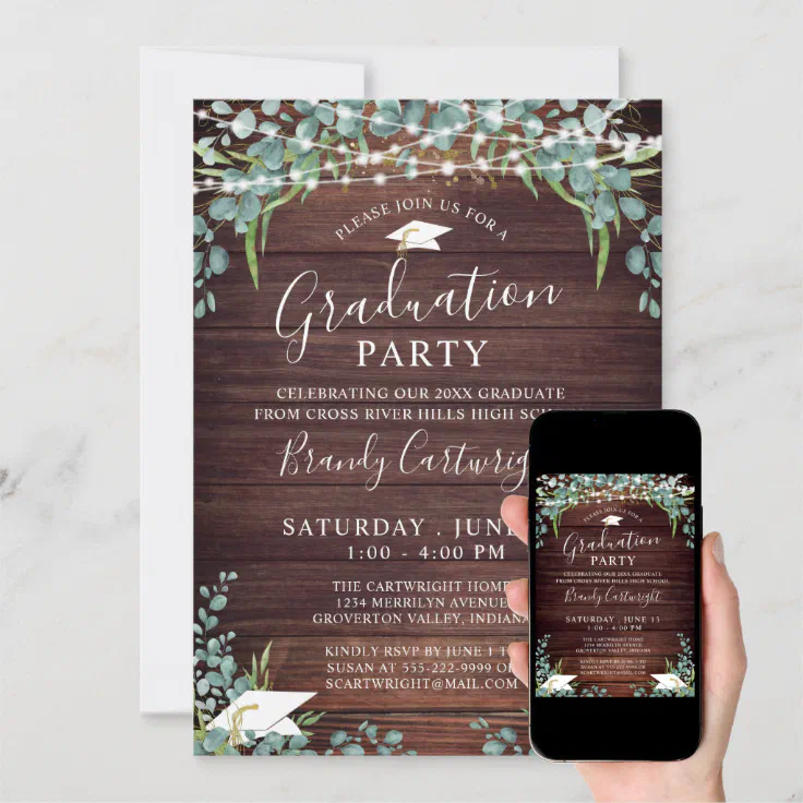 Rustic Wood Greenery String Lights Graduation Invitation | Zazzle