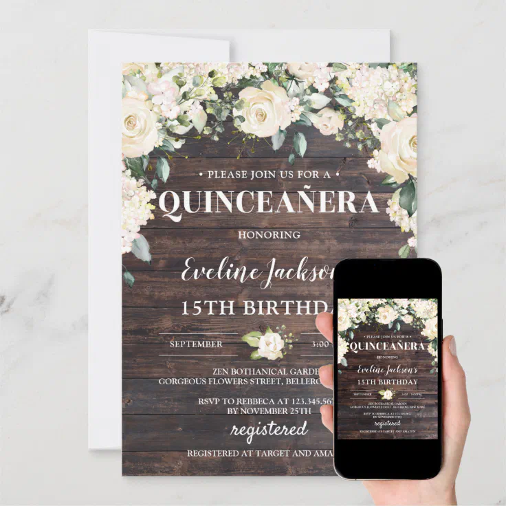 Rustic wood greenery white floral boho Quinceañera Invitation | Zazzle