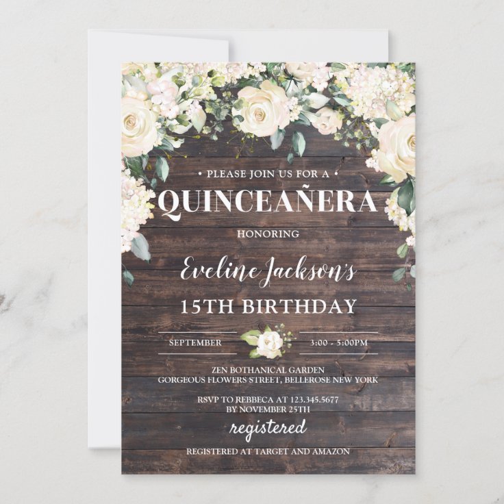 Rustic wood greenery white floral boho Quinceañera Invitation | Zazzle