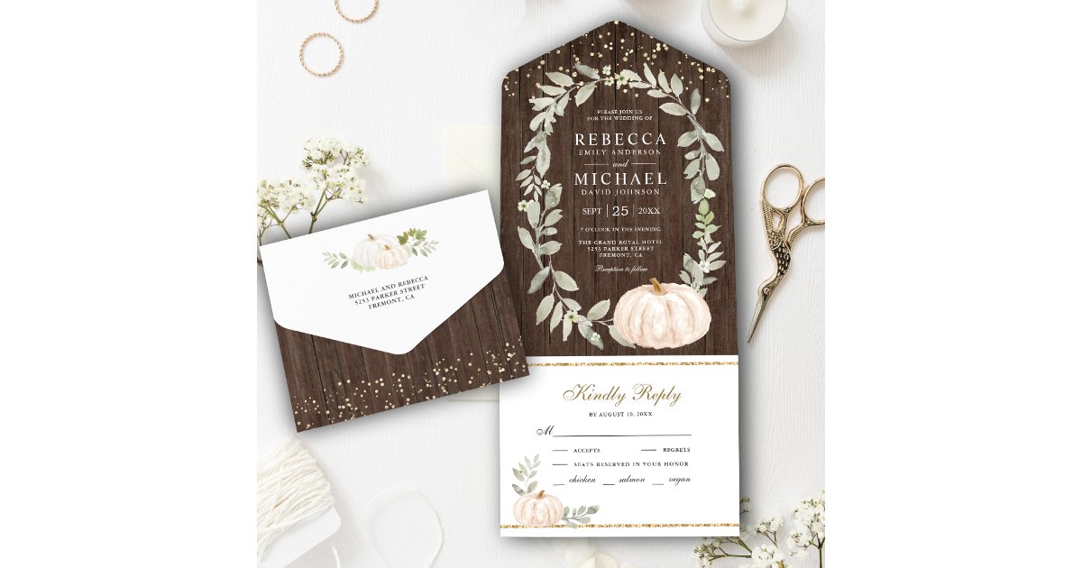 Rustic Wood Greenery White Pumpkin Fall Wedding All In One Invitation ...