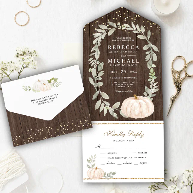 Rustic Wood Greenery White Pumpkin Fall Wedding All In One Invitation ...