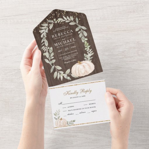Rustic Wood Greenery White Pumpkin Fall Wedding All In One Invitation ...