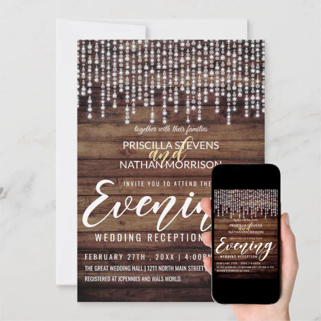 Rustic Wood Hanging Diamond Lights Evening Invitation | Zazzle