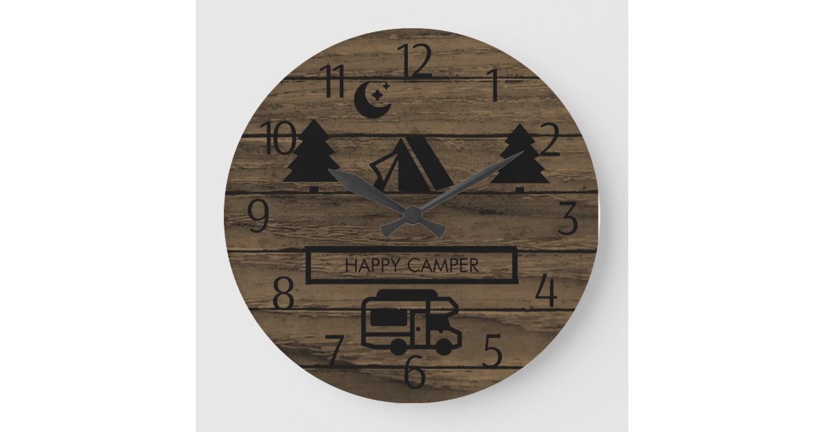 Rustic Wood Happy Campers Large Clock | Zazzle