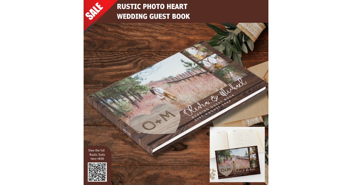 Rustic Wood Heart PHOTO Collage Newlyweds Wedding Guest Book | Zazzle